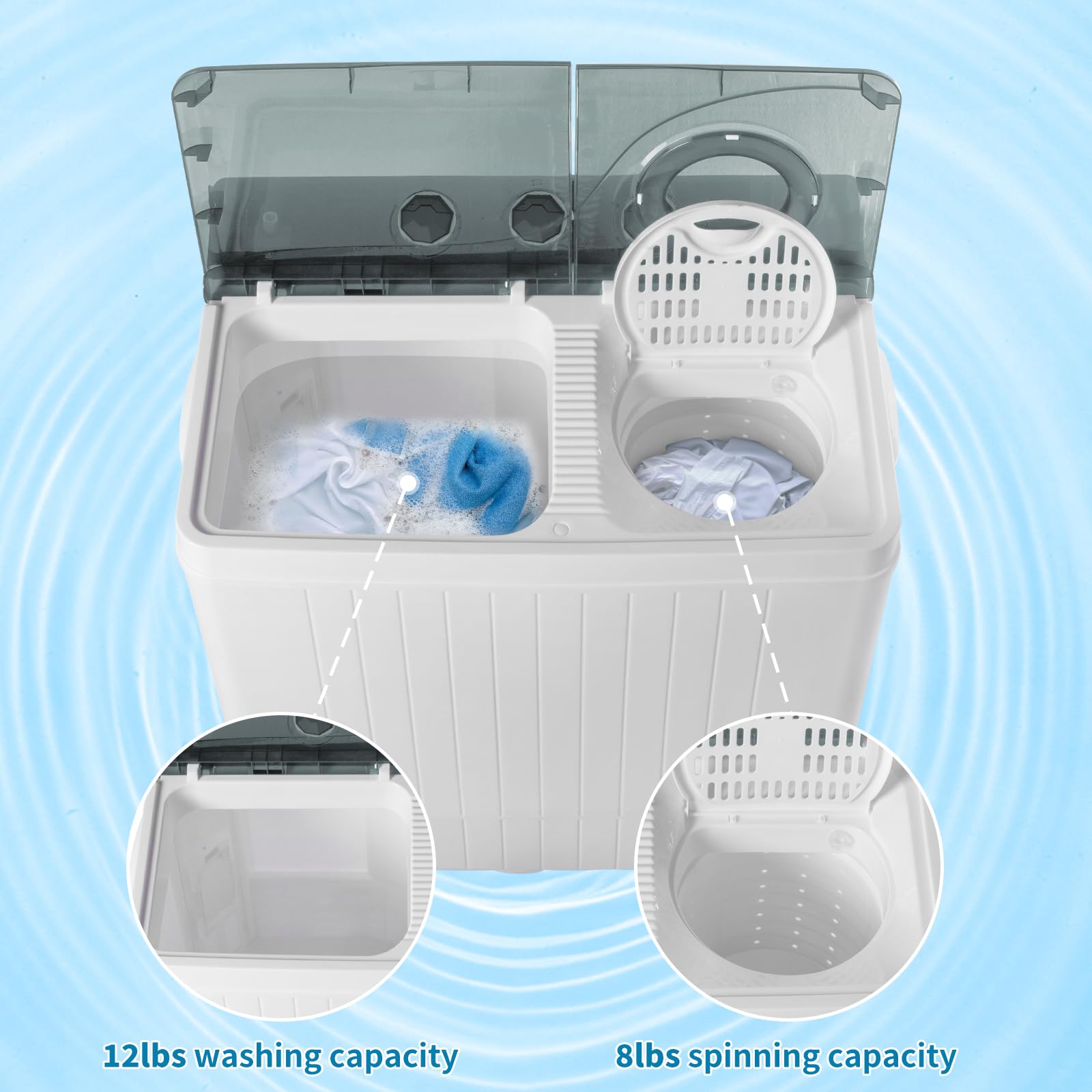 Kitmax Twin Tub with Built-in Drain Pump 26Lbs Semi-automatic Twin Tube Washing Machine for Apartment Dorms RVs Camping (Arrive in 5 Days from US Warehouse)