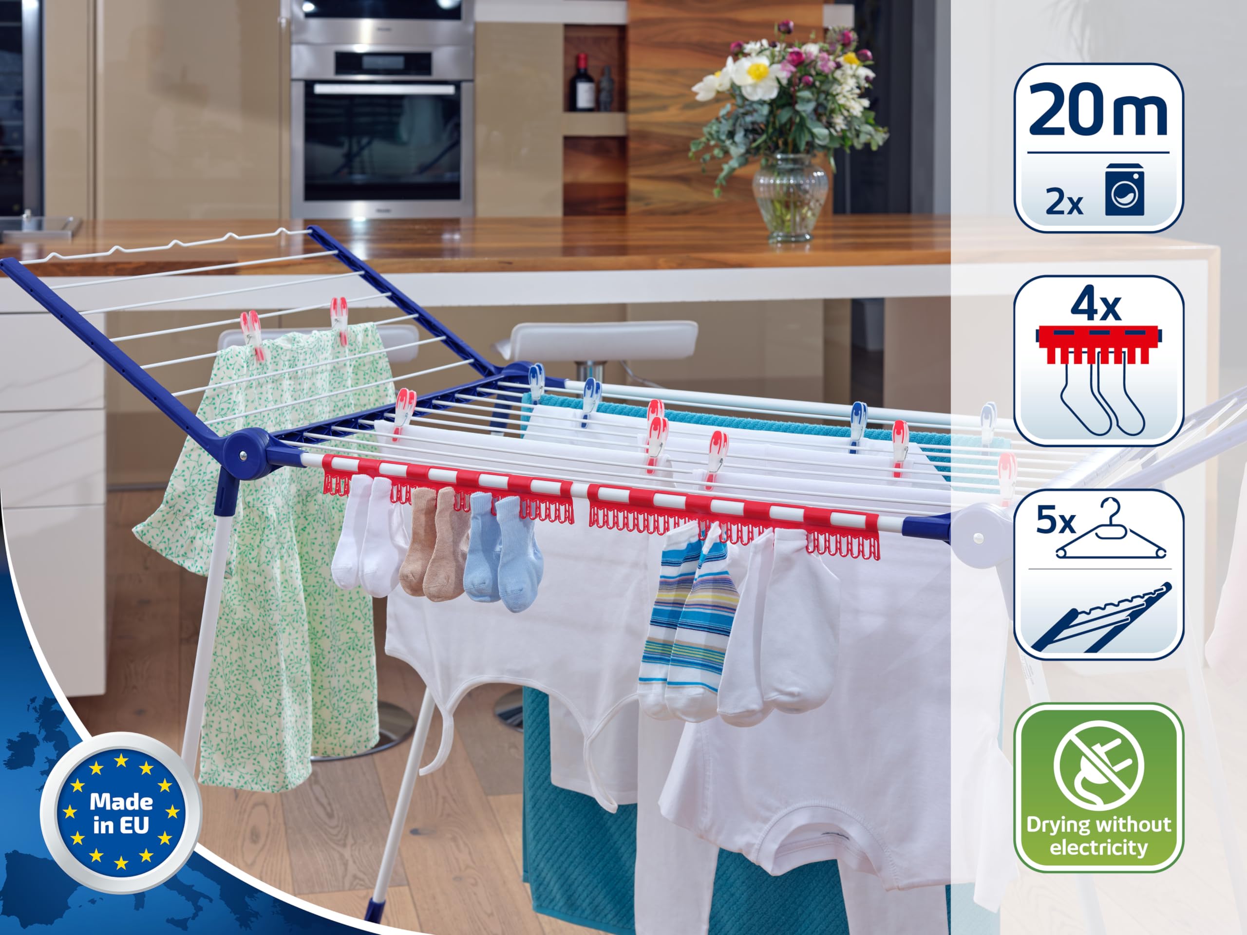 Leifheit Pegasus 200 Solid Standing Clothes Airer with Accessories, Folding Clothes Rack for Outdoor and Indoor, 20 m Clothes Horse with 4 Clips for Drying Small Items and 5 Hangers [Amazon Exclusive]
