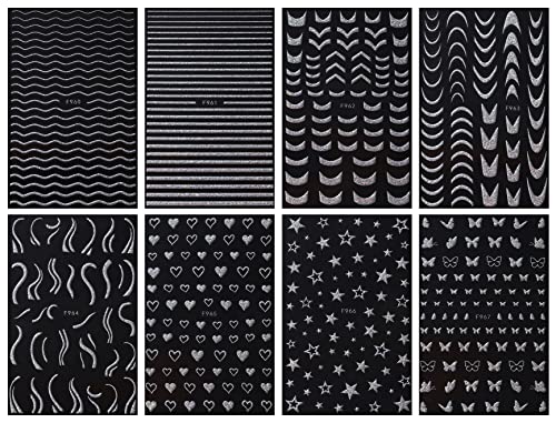 JMEOWIO 8 Sheets French Tip Nail Art Stickers Decals Self-Adhesive Pegatinas Uñas Silver Line Nail Supplies Nail Art Design Decoration Accessories