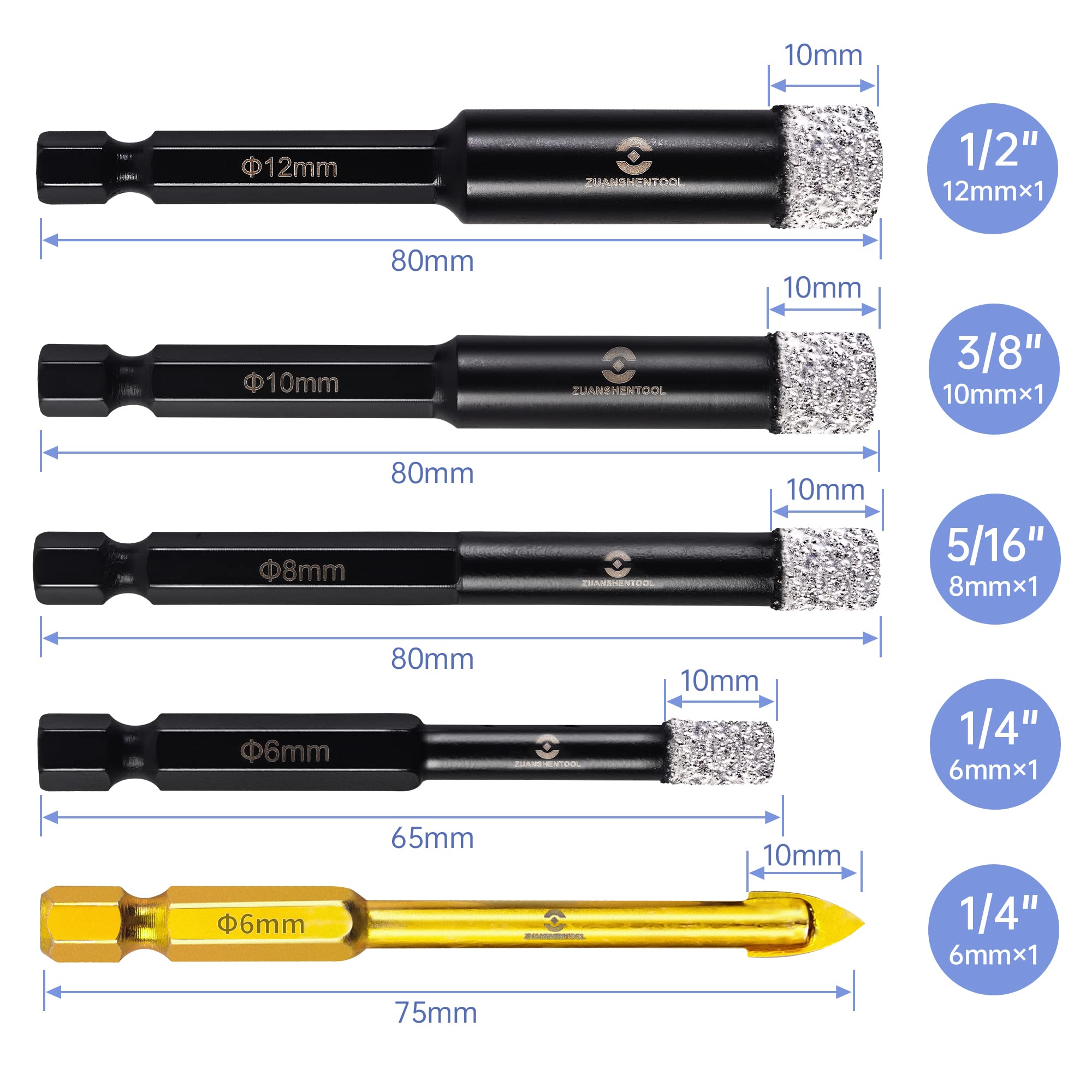 Diamond Drill Bits Set, 5 Piece Dry Diamond Hole Saw with Quick Change Hex Shank for Granite Ceramic Marble Tile Stone Glass Hard Materials (not for Wood) 1/4, 5/16, 3/8, 1/2 inch