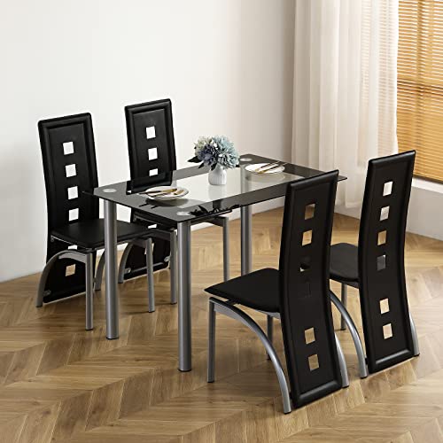 Karl home 5-Piece Dining Table Set with 1 Glass Dining Table and 4 PVC Chairs, Modern Dining Table Set for Kitchen & Breakfast Dining Living Room, Space Saving