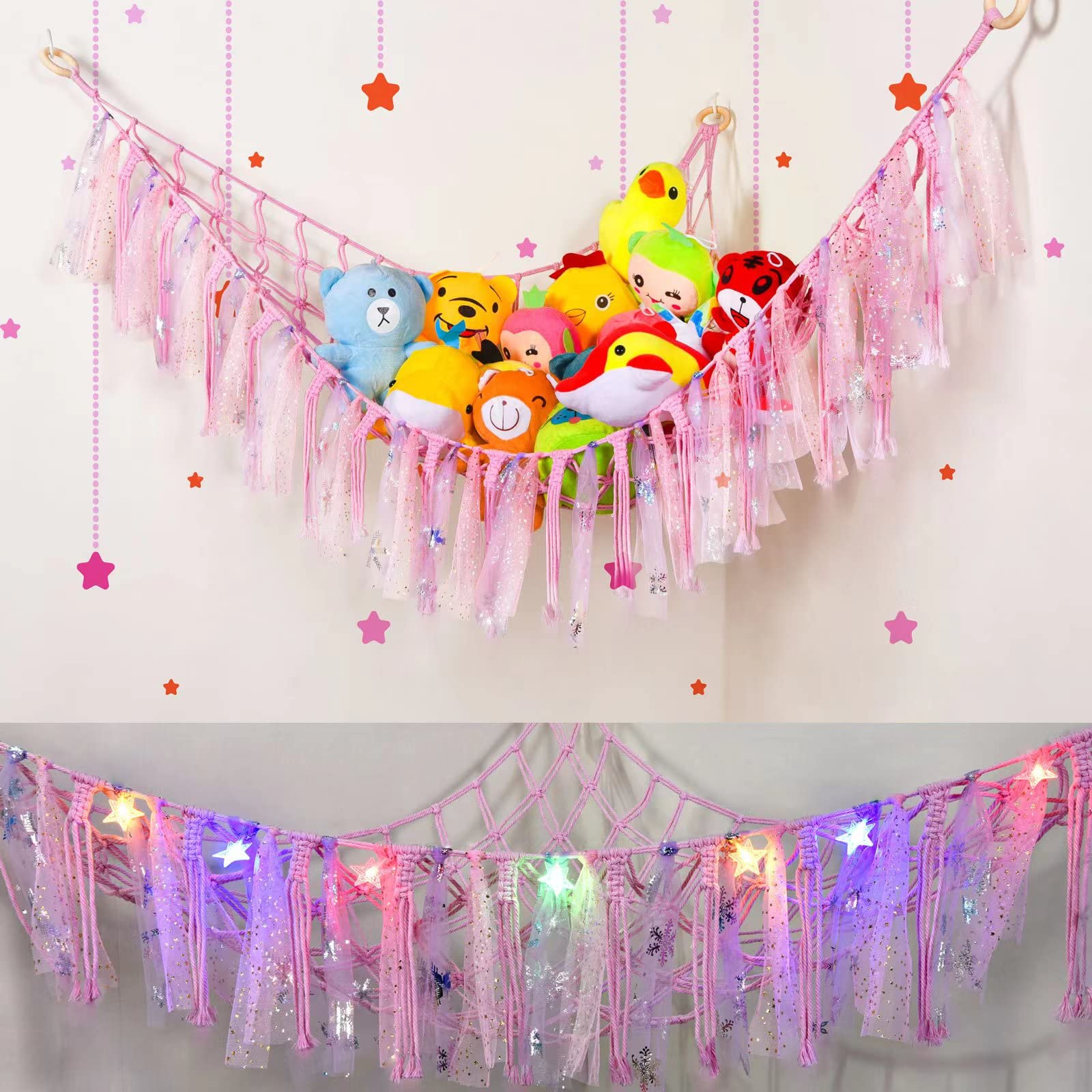 EYEXPLO Stuffed Animal Storage Net or Hammock Toy Organizer Holder with LED Light, Hanging Pet Net with DIY Lace Macrame for Girls Bedroom Corner Boho Decor