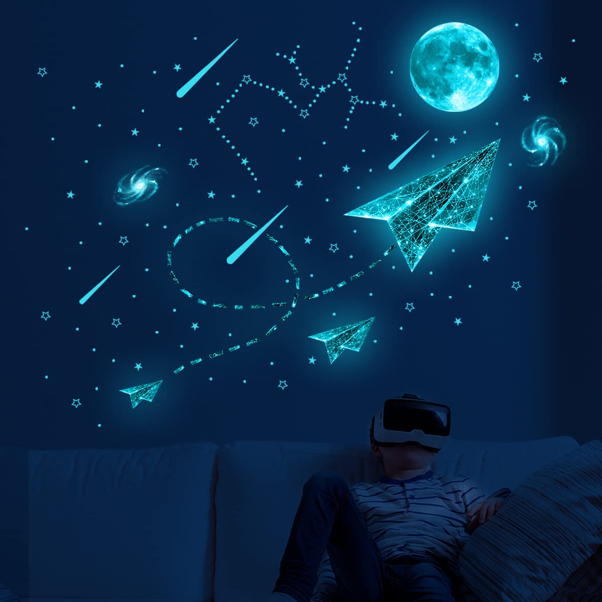 Glow in The Dark Starry Sky Wall Decals for Ceiling Luminous Paper Plane Galaxy Wall Stickers for Baby Kids Nursery Bedroom Ceiling Decor