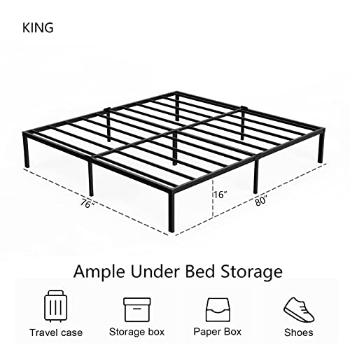 LIJQCI 16 Inch King Bed Frame –Heavy Duty Metal Platform Bed Frame Steel Slat Support 3000 lbs No Box Spring Needed, Non Slip, Noise Free Base Bed Black King Size