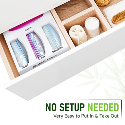 Neat Freak Baggie Organizer Dispenser – 4-in-1 Ziploc Bag Storage Organizer for Drawer – Bamboo Baggie Organizer For Wall– Ziploc Bag Organizer for Quart, Snack, Gallon, Sandwich - White Color.