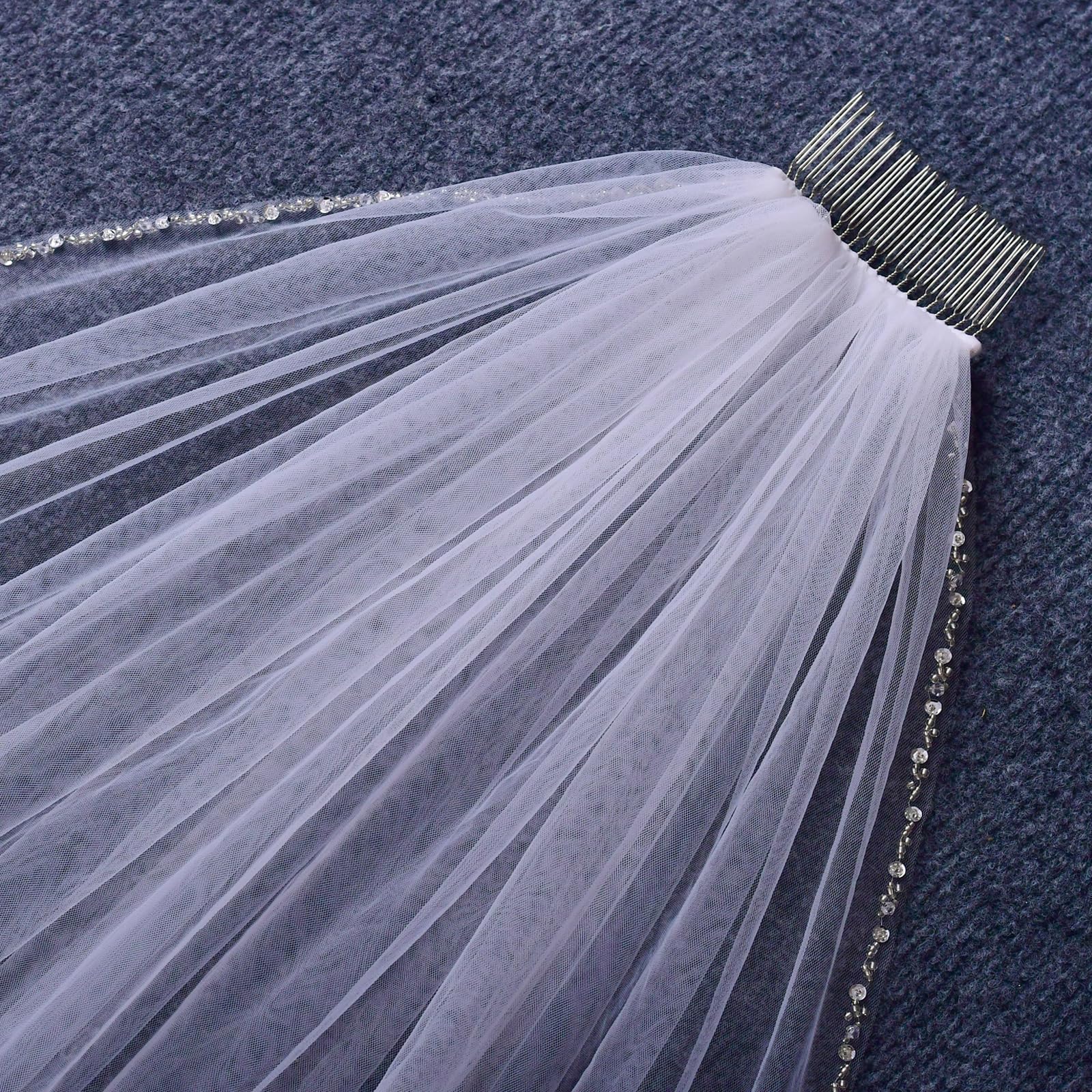 HONGMEI Wedding Veil for Brides 1 Tier Crystal Beaded Fingertip Length Bridal Veil with Comb
