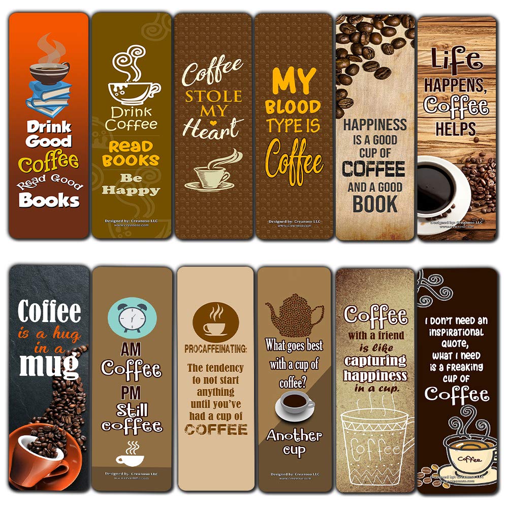 Creanoso Awesome Bookmark Coffee Lover Series I (60-Pack) – Six Assorted Quality Bookmarks Bulk Set – Premium Gift for Coffee Lovers