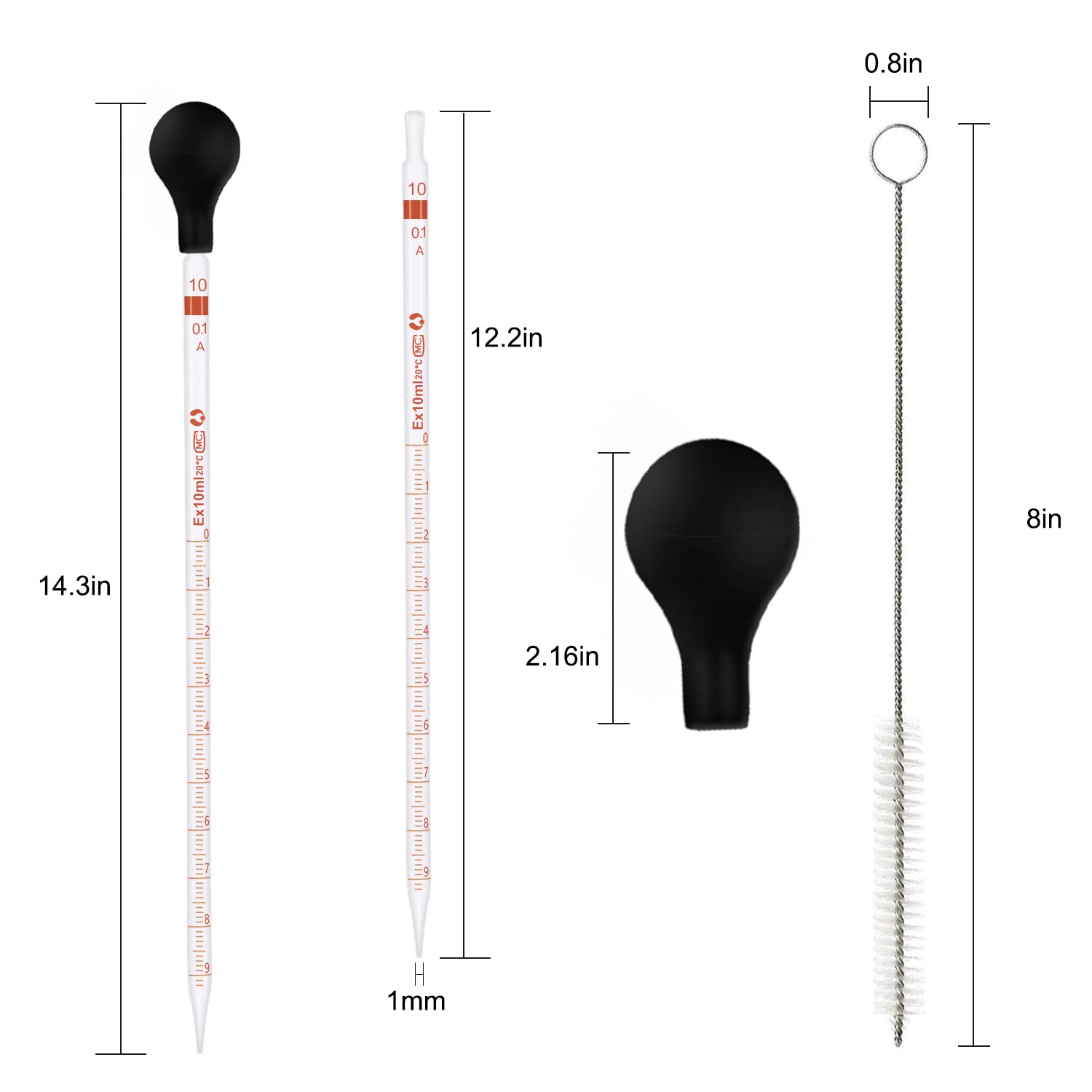 HONGNO 4PCS Glass Graduated Dropper 10ml pipettes Pipette Transfer with Rubber Bulb, Washing Brush. Transfer for Liquid Essential Oil and Lab…