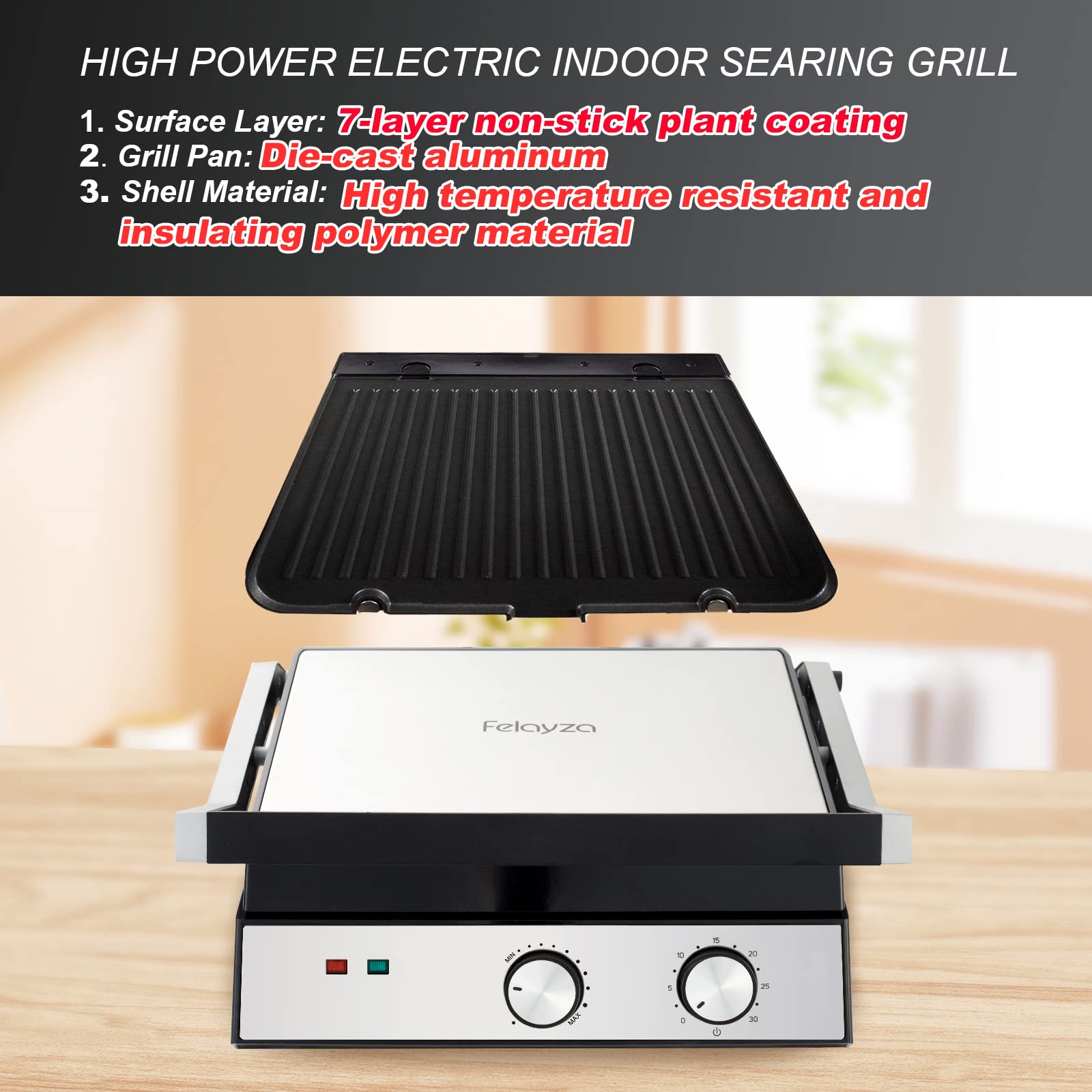 FELAYZA Smokeless Indoor Electric Grill & Panini Press, 8-Serving, Nonstick Removable Plate, Temp & Time Adjustable, Indoor Table Aluminum Grill with Removable Drip Tray for BBQ, Sandwich, Pancake etc