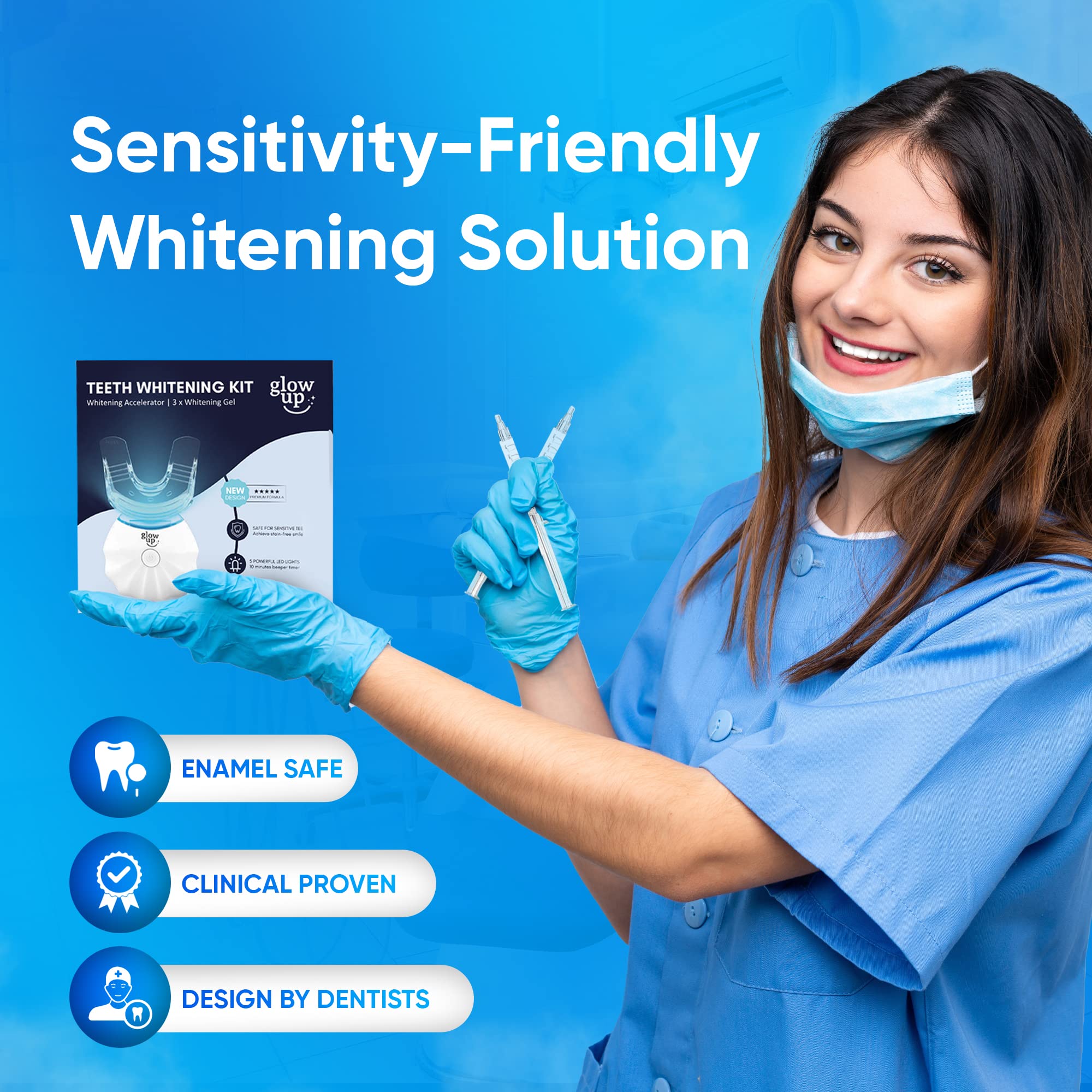 Glow Up Teeth Whitening Kit for Sensitive Teeth with Blue LED Light, 10-Minute Instant Tooth Whitener Set with 3 (5ml) Syringes of 35% Carbamide Peroxide Mint Flavored Gel & Tray Case