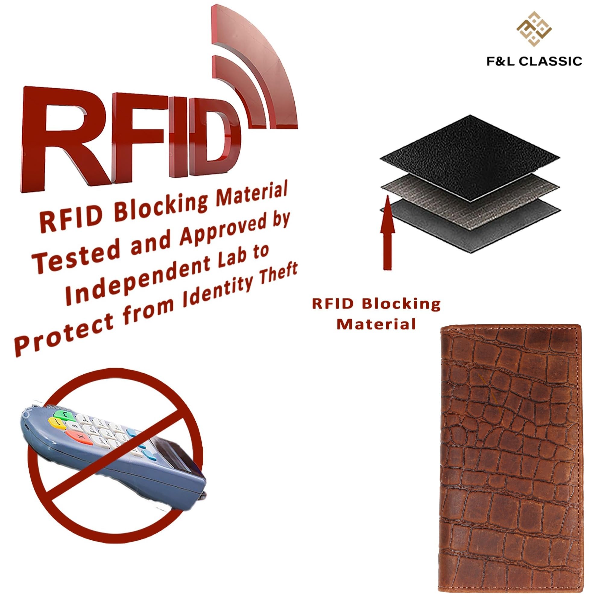 F&L CLASSIC Men's RFID Vintage Look Genuine Leather Long Bifold Wallet Checkbook Wallets,buffalo vintage leather,240 light brown