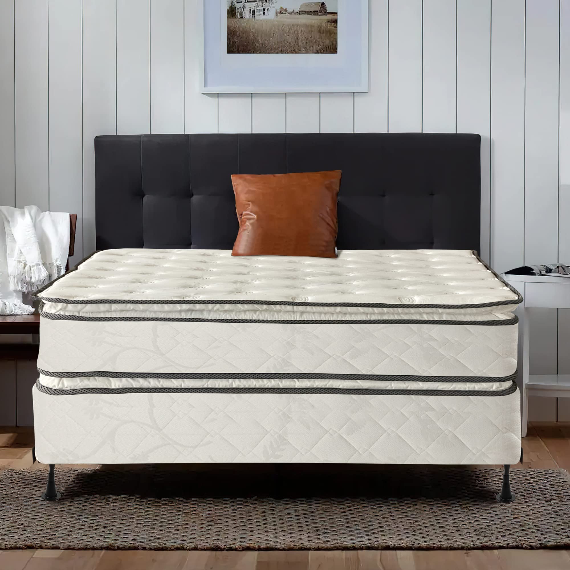 Mayton, 12-Inch Medium Plush Double Sided Pillowtop Innerspring Mattress & 8" Wood Box Spring Set with Frame, Queen