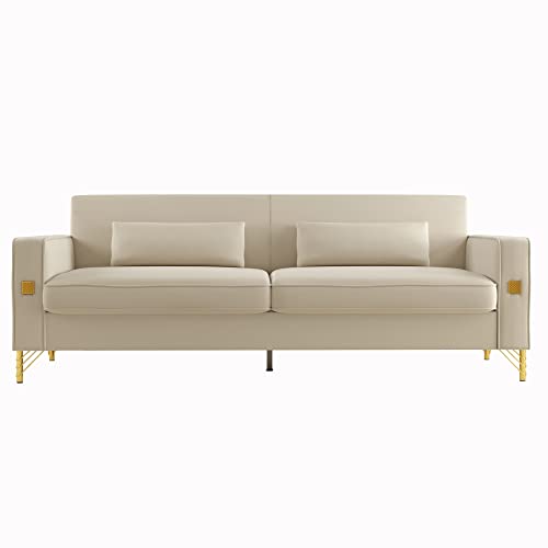 Lostcat Velvet Sofa Couch Mid Century Modern Upholstered 3-Seater Loveseat with 2 Pillows and Armrest for Living Room, Apartment and Small Space, Cream White