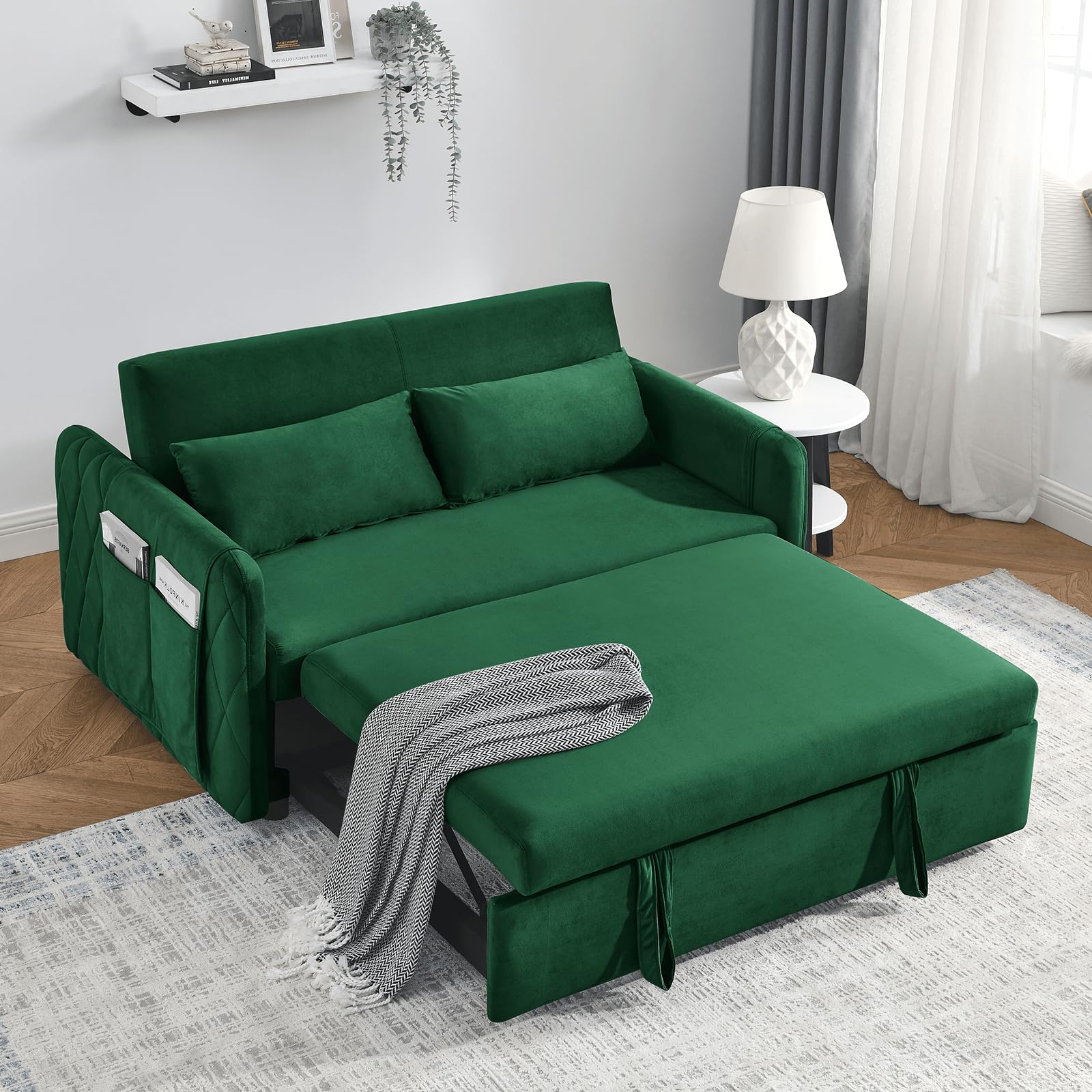 Hison 3 in 1 Sleeper Sofa Couch Bed Modern Convertible Sofa Bed Pull Out Sofa with 3-Level Adjustable Backrest with 2 Pillows and 2 Pockets,Green