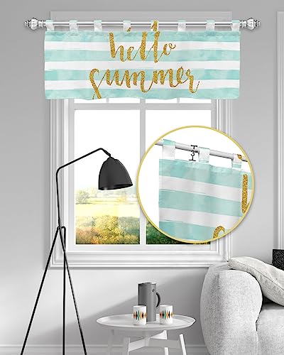 Tab Top Curtain Valance HELLO SUMMER Gold Round Spots on Blue and White Stripes Valance Curtains Light Filtering Rod Pocket Window Treatment Small Valances For Kitchen Cafe Basement, 1 Panel, 54X18In