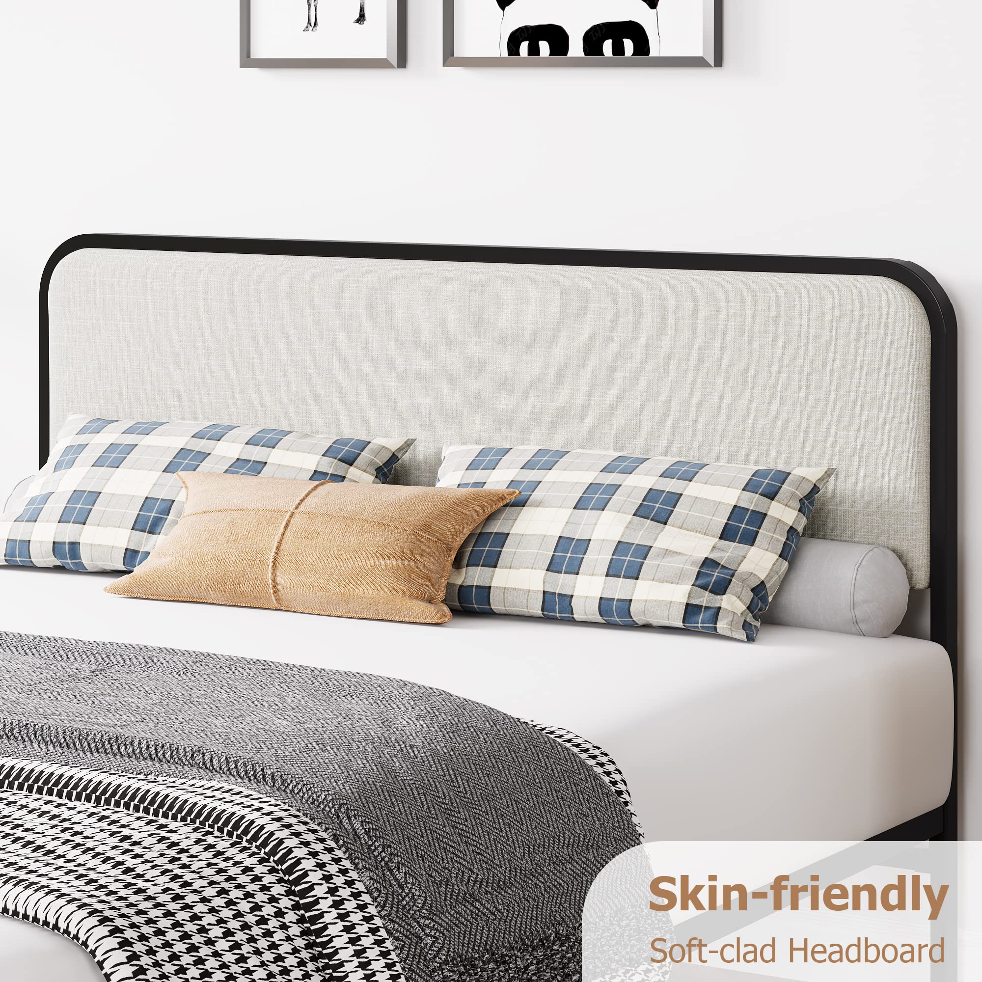 IDEALHOUSE Queen Size Bed Frame with Upholstered Headboard and Footboard, Metal Platform Bed with Curved Headboard, No Box Spring Needed, Beige