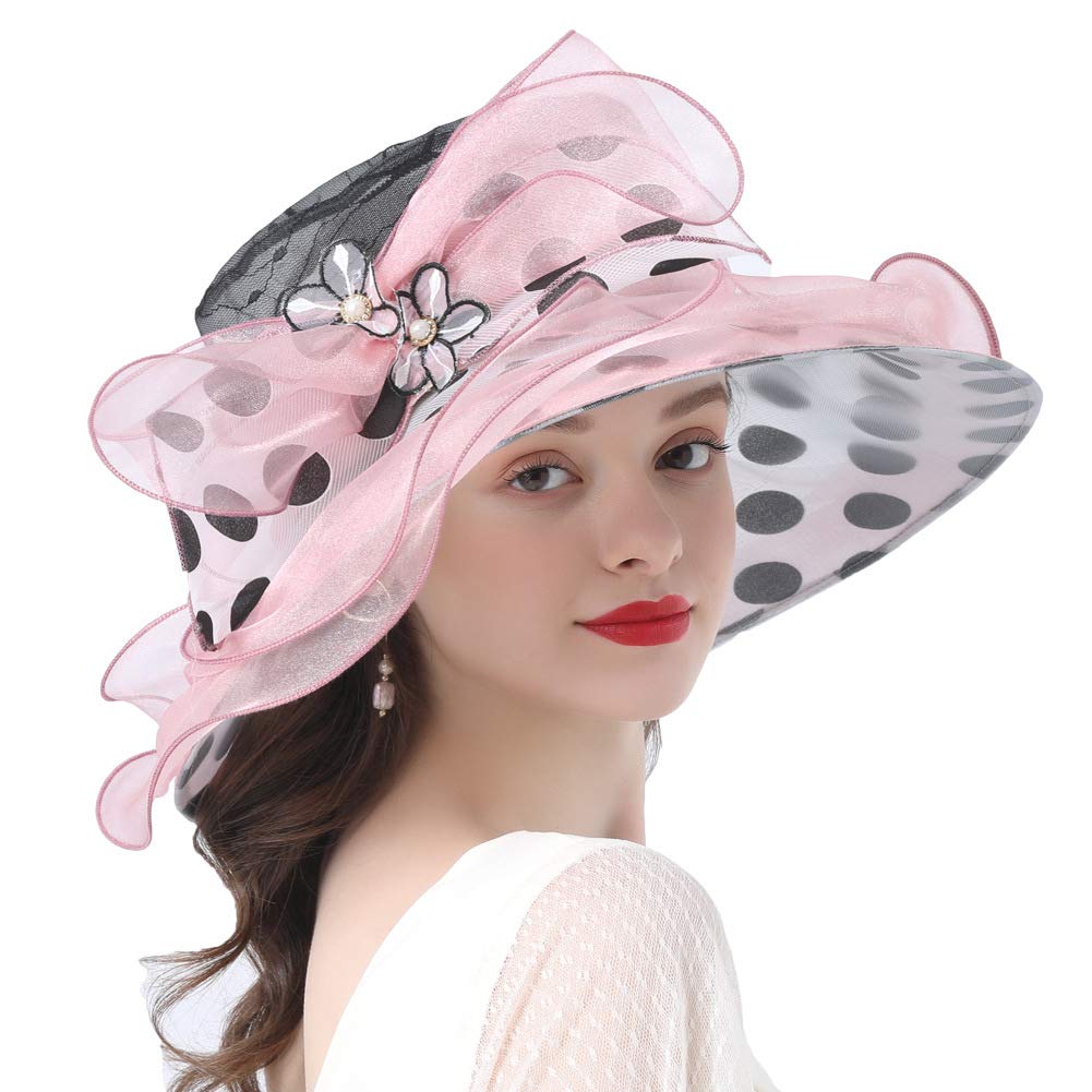 Go Mai Women's Church Derby Tea Party Wedding Hat Polka Dot Organza Hats Black