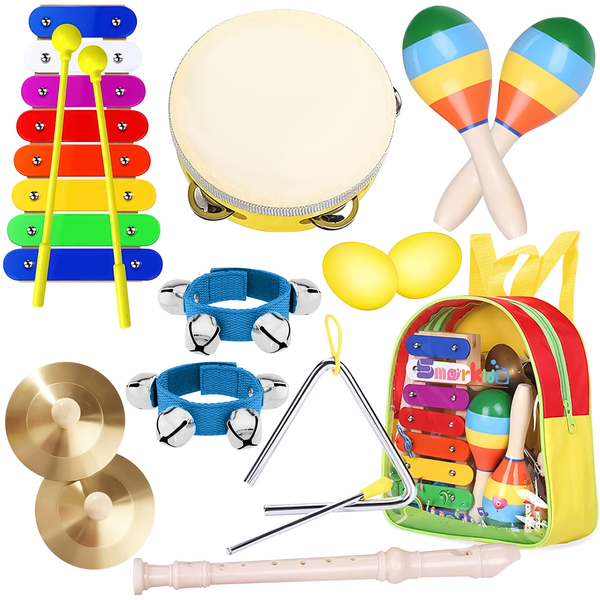 Smarkids Toddler Musical Instruments Toys Premium Accurately Tuned Percussion Musical Instruments for Kids Children Educational Toy Set for Boys& Girls with Xylophone Flute Tambourine Maraca Backpack