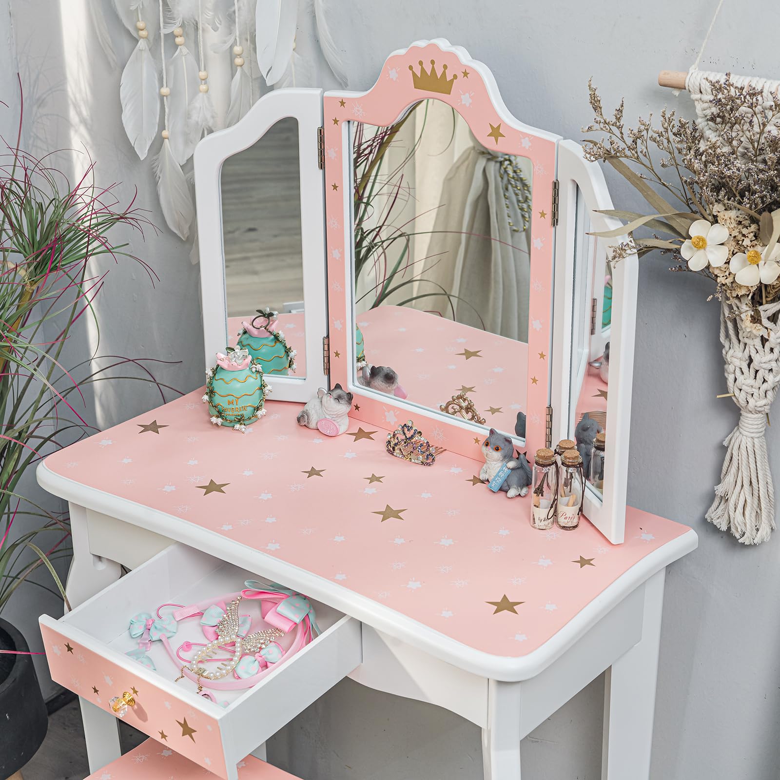 Hobbyfield 2-in-1 Princess Vanity Set,Princess Makeup Table with Mirror, Stool, Tri-Folding Mirror & Drawer,Pretend Play Dressing Table for Toddler Girls(Star Pink)
