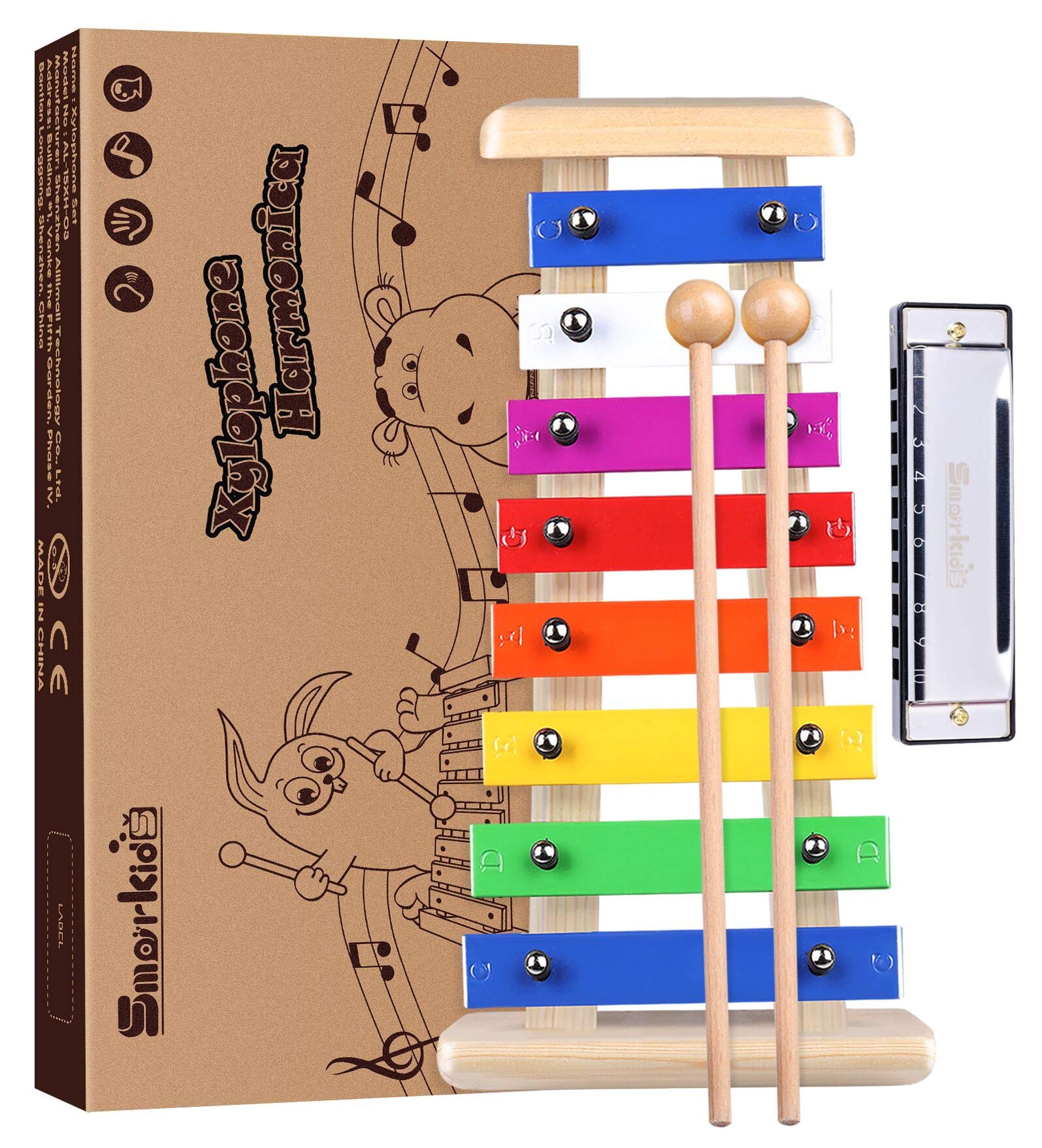 Smarkids Wooden Xylophone for Kids & Harmonica Set - Professional Kids Musical Instruments Set Percussion Instruments with Mallets Award Winning Preschool Learning Musical Toys Birthday Gifts