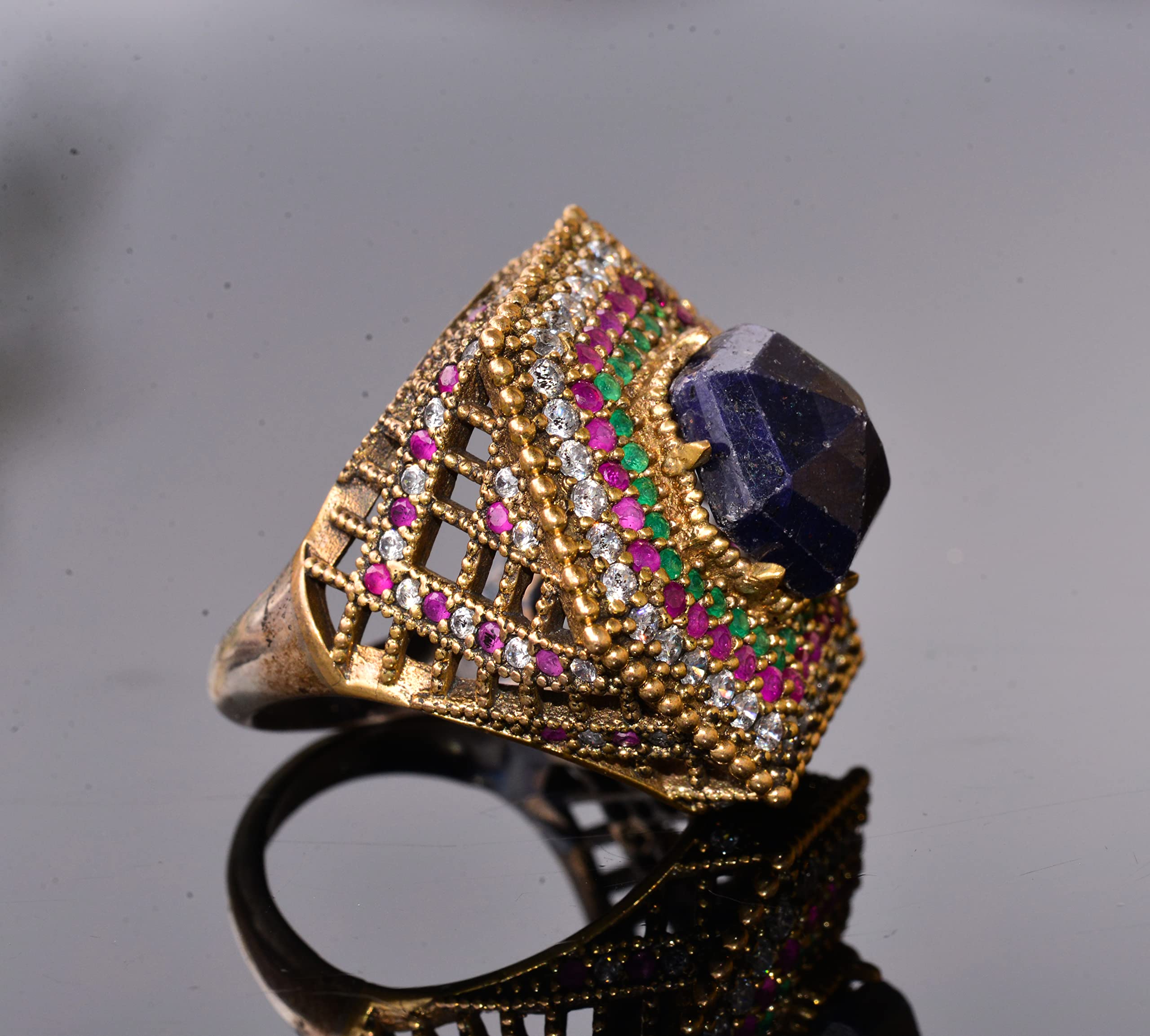 Falcon Jewelry Real Natural Sapphire Gemstone Ring, 12.35 Carat, Sterling Silver Unisex Hurrem Sultan Ring