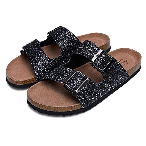 mysoft Womens Slide Sandals Cork Footbed,2 Straps Adjustable Buckle Slip on Sandals with +Comfort Arch Support