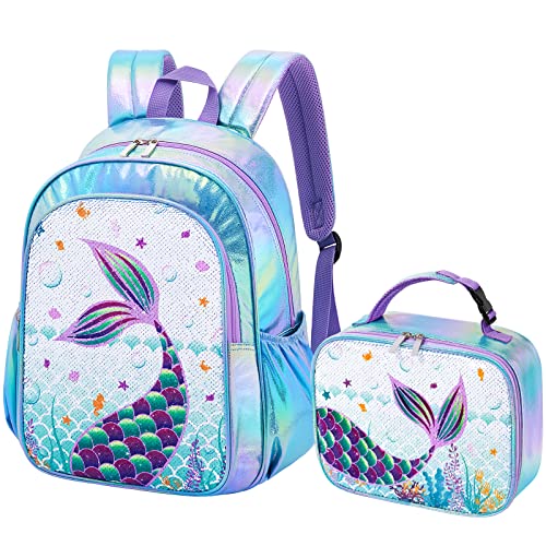WAWSAM Glitter Mermaid Backpack Set - Sparkly School Backpack with Lunch Box for Girls Preschool Kindergarten Elementary 15” Blue Hiking Travel Book Bag Schoolbag Insulated Lunch Bag