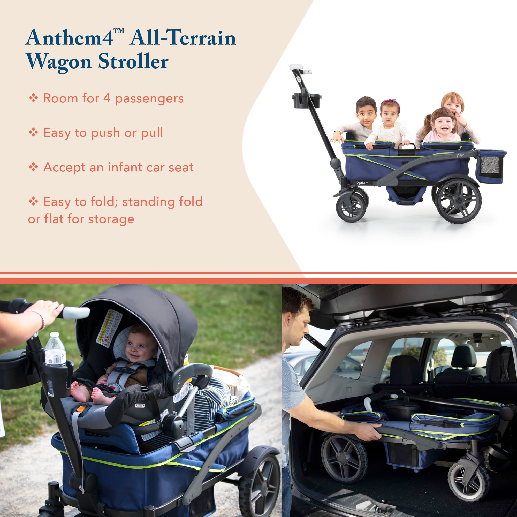 Gladly Family Anthem4 Quad All-Terrain Wagon Stroller, Neon Indigo with Car Seat Adapter