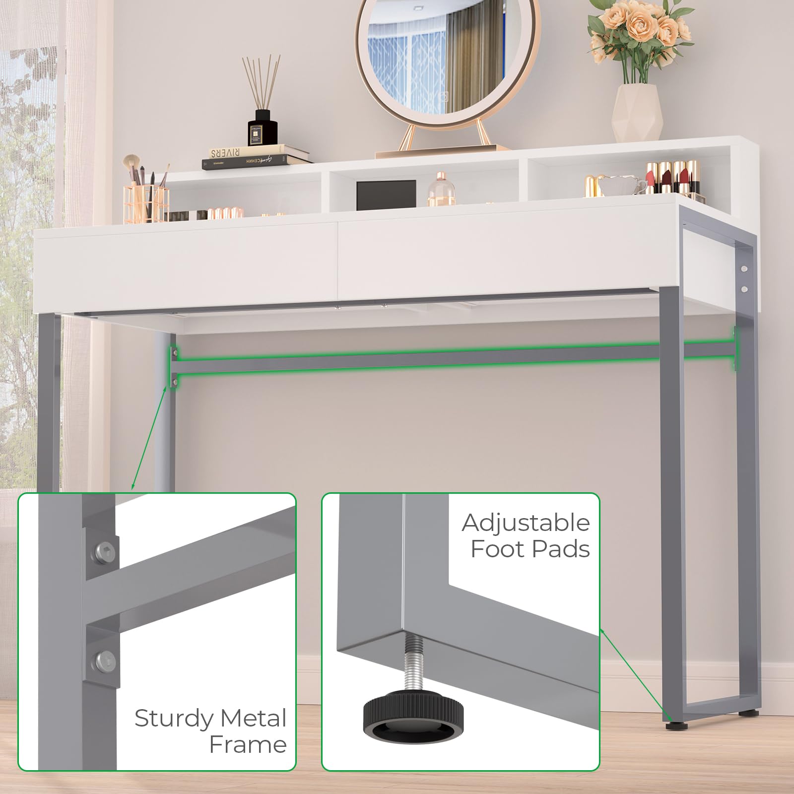 GreenForest Vanity Desk with 2 Drawers, White Makeup Desk with 3 Storage Spaces, 31.5 inch Small Desk with Silver Metal Legs, Modern Home Office Desk for Kids, Bedroom (No Mirror)