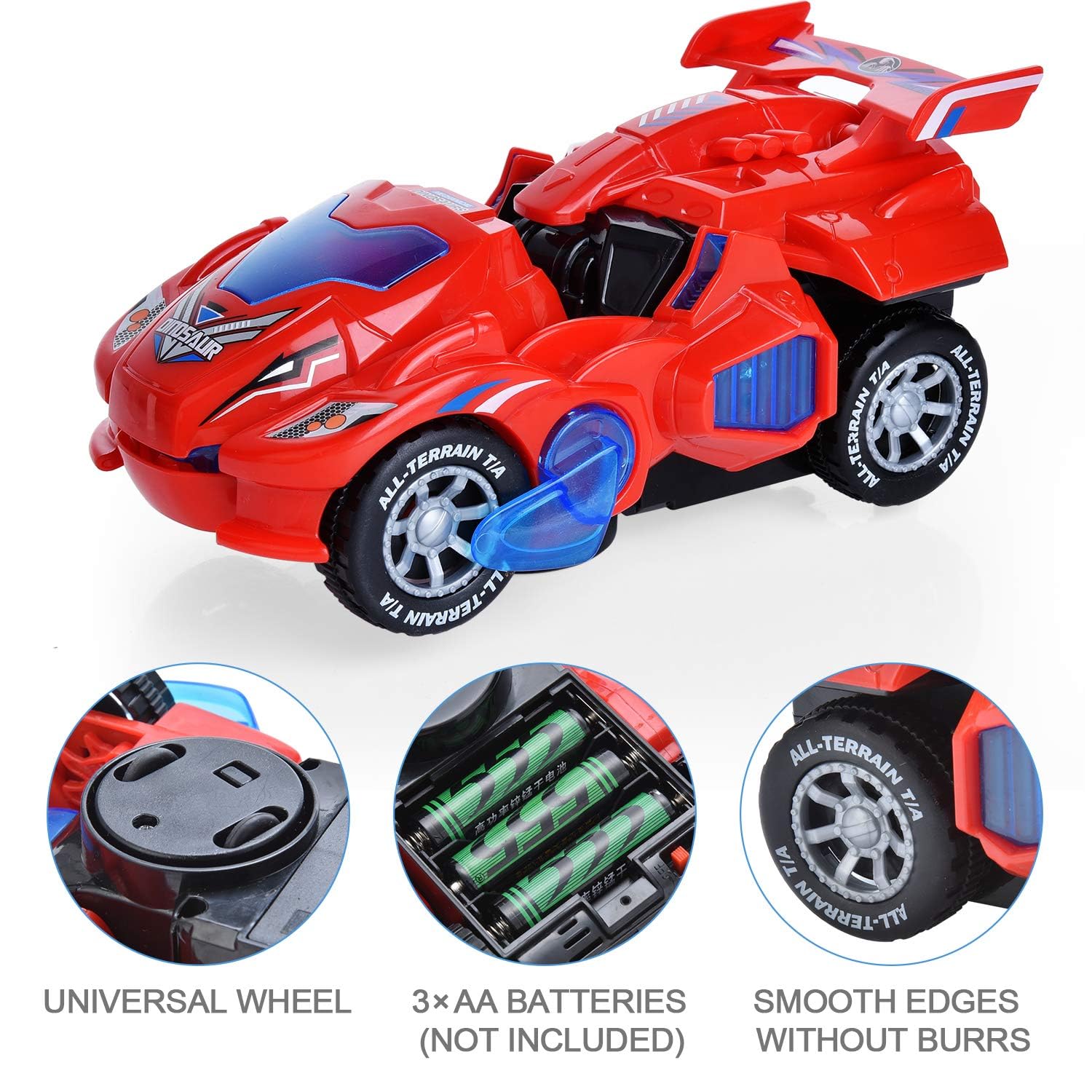 Sunnhan Transforming Toys, 2 in 1 Transforming Dinosaur LED Car Dinosaur Transform Car Toy Automatic Dinosaur Dino Transformer Toy Car Lamps for Kids,Toddlers ( Ages 3-12, Red)