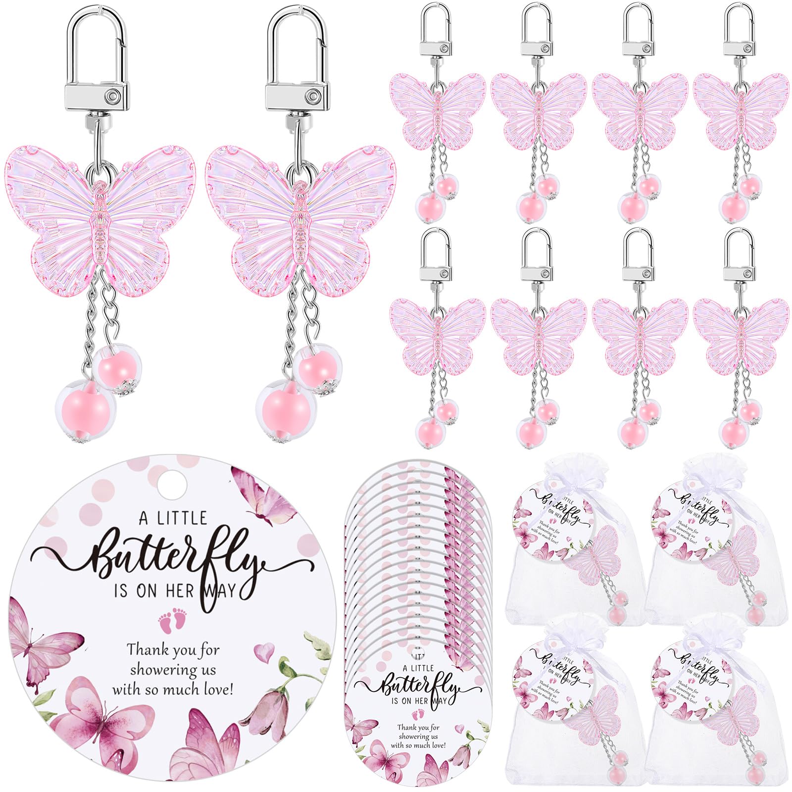 Loetere 25 Set Baby Shower Favors for Guests 25 Baby Shower Butterfly Keychain Holographic Butterfly Keychain Bulk 25 Thank You Cards 25 Organza Bag Baby Shower Return Gifts for Guests Baby Shower