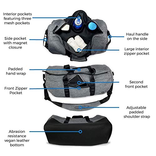 Smassy Durable Neoprene Gym Bag with Vegan Leather Bottom - Large Sports Duffel with Adjustable Shoulder Strap and Multiple Pockets
