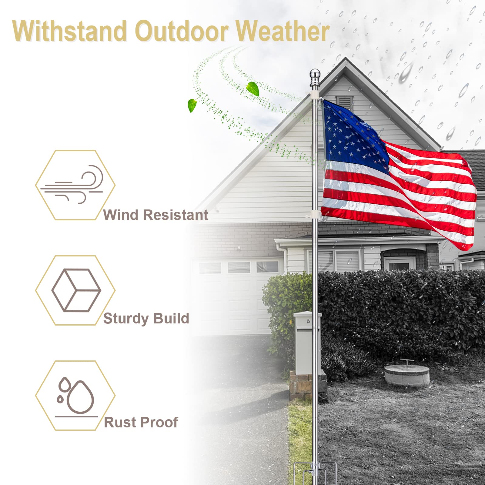 Ground Flag Poles for Outside House - 1" Tangle Free Flag Pole for House with 5 Prong - 9ft Yard Flag Stand for Outdoor,Wind Resistant & Rustproof - Silver