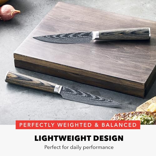 GreenPan x Bobby Flay 6 Piece Steak Knife Set with Wood Storage Box, Premium Stainless Steel Blades, Precision Cutting Tools, Ultra-Versatile Cutlery, Hand Finished Wood Handle, Damascus Steel Design