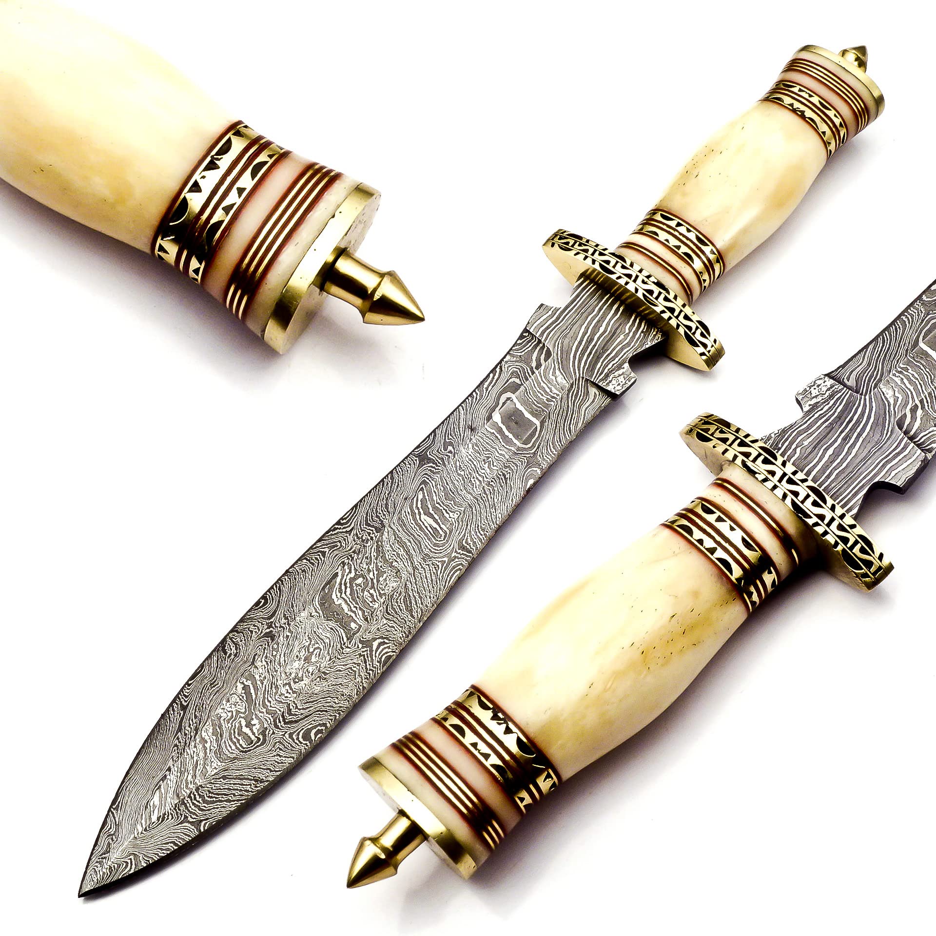 Damascus Steel Knife Handle Bone With Brass Guard A Beautiful Work Of Hunting Blade