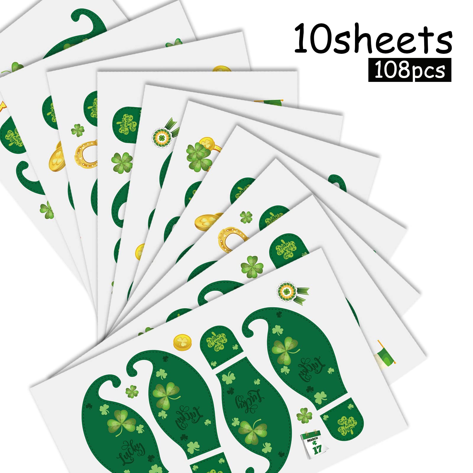 St. Patrick's Day Decorations Leprechaun Footprints Floor Decals Stickers, 10 Sheets 108 pcs Self-Adhesive Shamrock Gold Coin Stickers Party Supplies for Kids School Home Office.