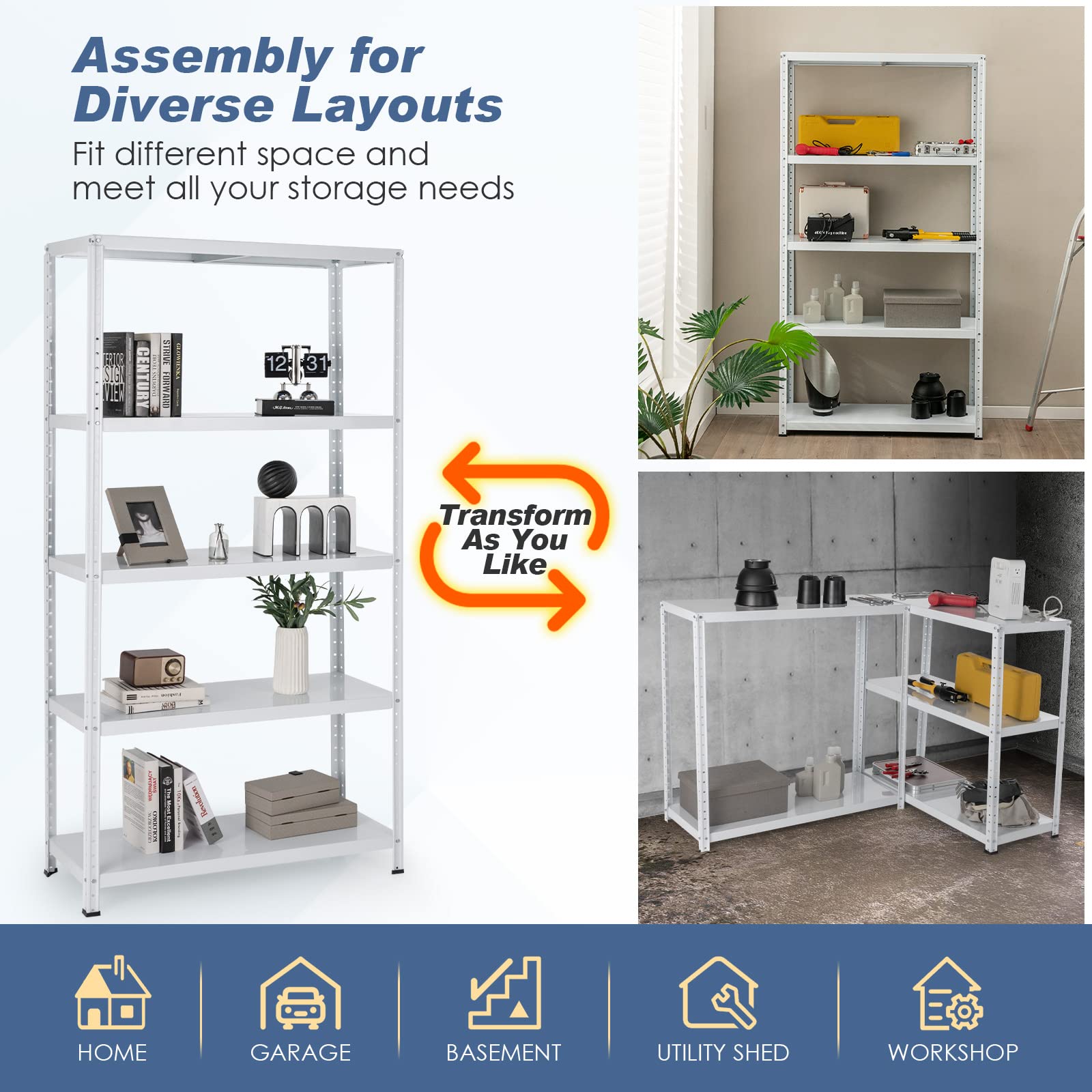 GOFLAME 5-Tier Metal Storage Shelves, Adjustable Garage Storage Shelving Unit, Heavy Duty Galvanized Utility Shelf Rack for Home, Warehouse, Garage, Workshop, 39" x 16" x 74", White, 1 Pack