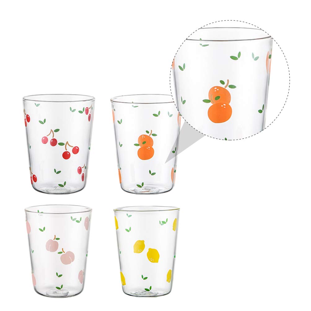 Hemoton 4pcs Glass Coffee Cups Drinking Glasses Glass Mugs with Fruit Pattern for Drinks Water Juice Beer Cocktail(Random Pattern)