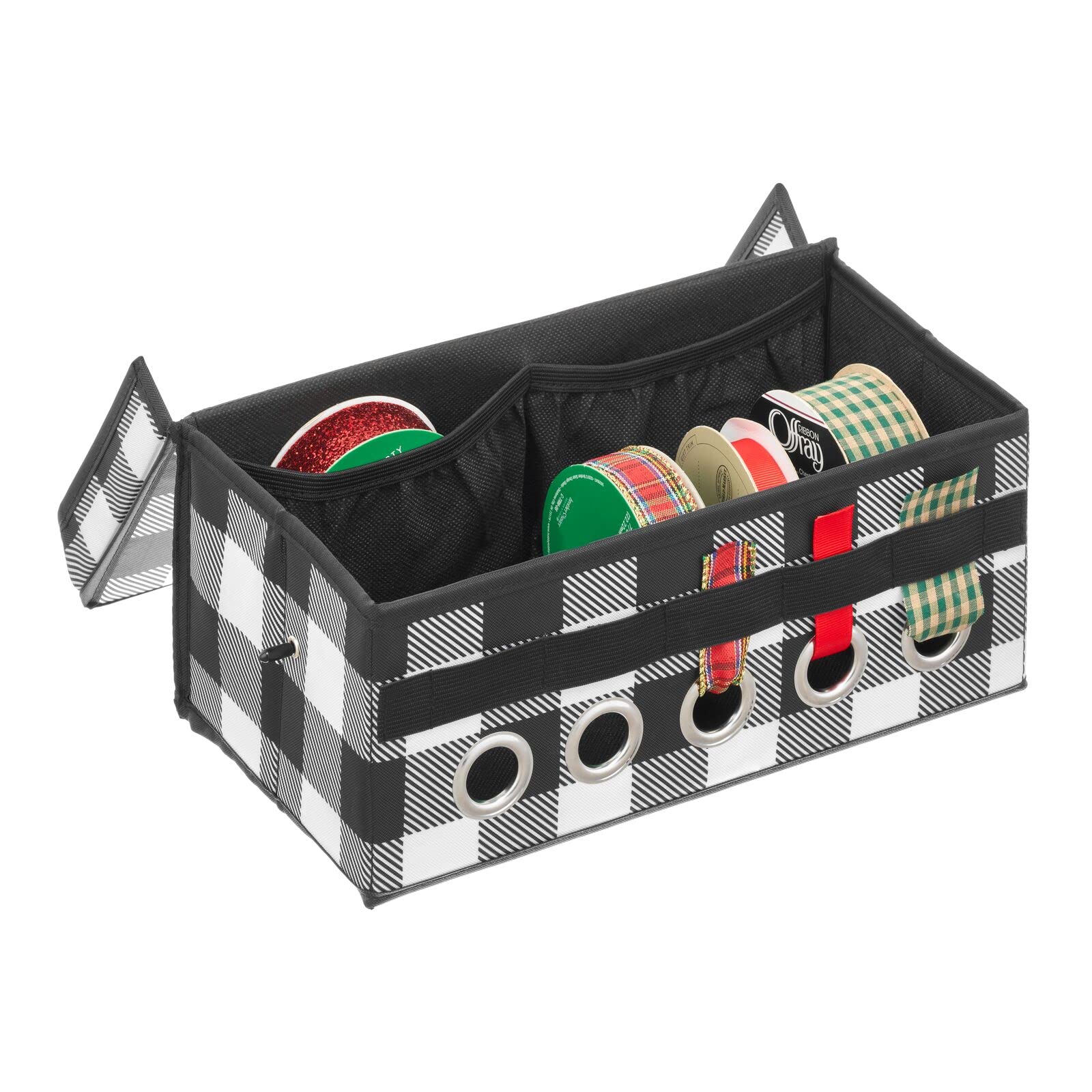 mDesign Gift-Wrapping Ribbon Storage Box with Handles - Holiday Bow Organizer Container with Lid - Christmas Giftwrap Ribbon Holder - Gift Storage Tote Bin and Bow Station - Buffalo Plaid Black/White