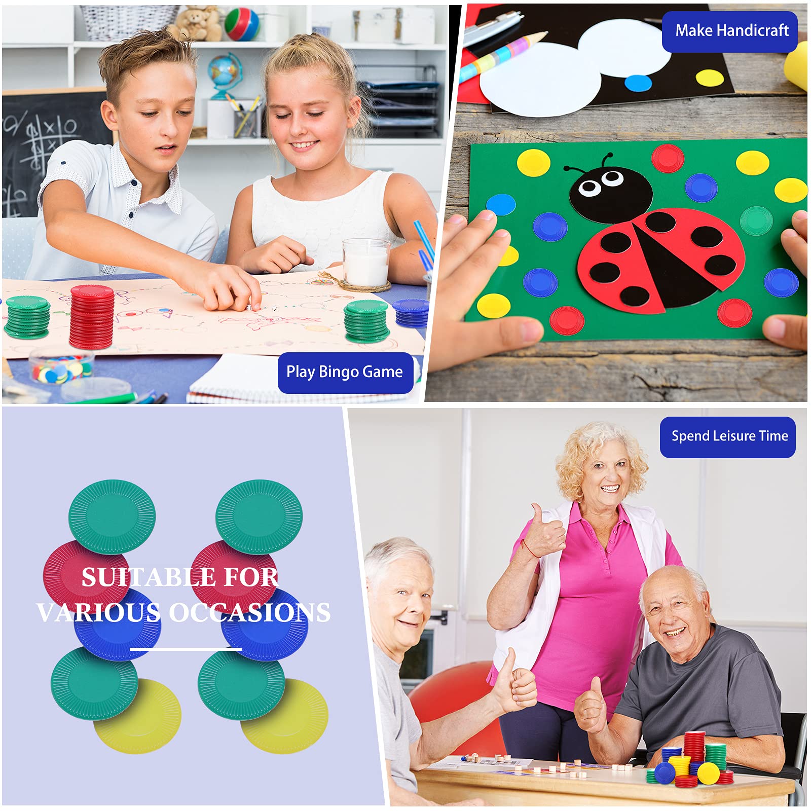Skylety 400 Pieces Plastic Poker Chips Game Chips 4 Colors Counter Card for Kids Game Playing Learning Math Counting Bingo Game Blank Chips Card for Kids Reward, 0.86 Inch (Red, Blue, Green, Yellow)