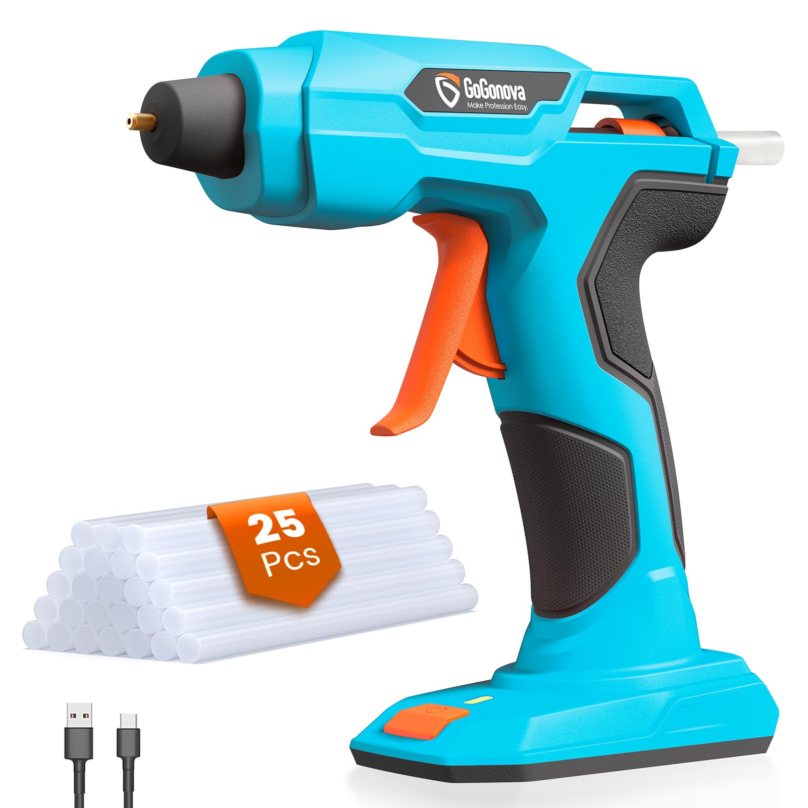 GoGonova Glue Gun Zuel, 20s Fast Preheating Anti-drip Cordless Glue Gun, 2Ah USB-C Rechargeable Hot Glue Gun Kit with 25 Pcs Mini Glue Sticks, Smart Power-Off, Pink