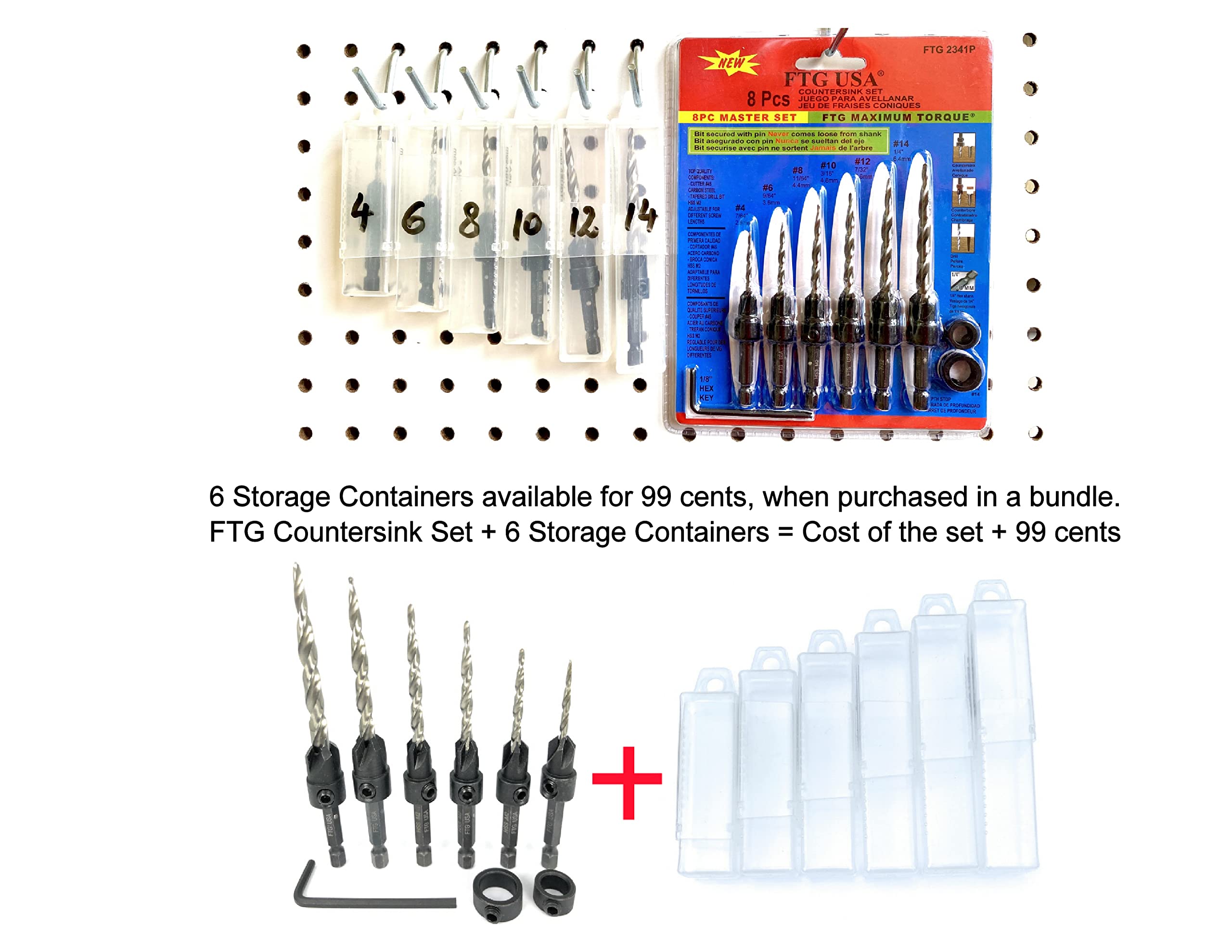 FTG USA Wood Countersink Drill Bit Set 6 Sizes Set with 6 Storage Containers for Countersink HSS M2 Tapered Drill Bits, Quick Change Hex Shank Countersink bit, 2 Stop Collar, 1 Allen Wrench
