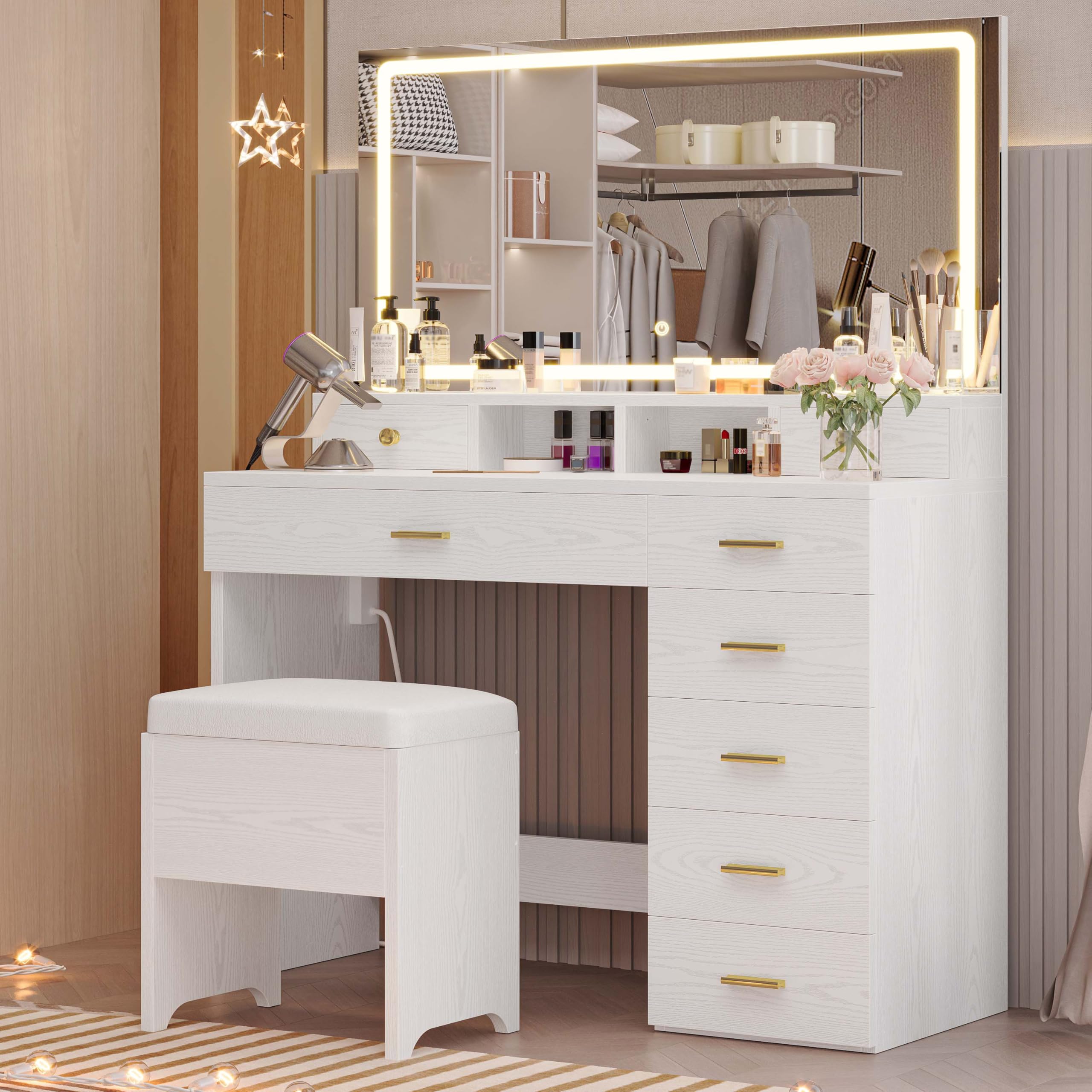 IRONCK Vanity Desk with LED Mirror and Lights and Power Outlet, Modern 8 Drawers Makeup Vanity Table with Storage Stool, for Bedroom, White