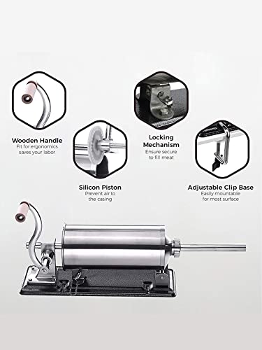 MZTOGR Sausage Stuffer - Stainless Steel Homemade Manual Sausage Maker Horizontal Meat Filling Kitchen Machine, Packed 8 Stuffing Tubes (2.5LBS)