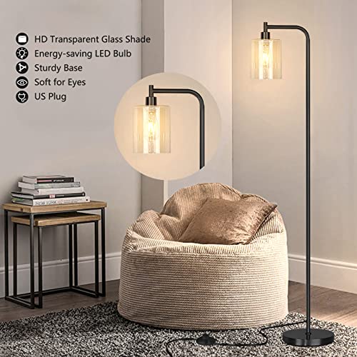 QiMH Industrial Floor Lamp for Living Room, Modern Standing Lamp with HD Glass Lampshade and Pedal Switch, 67β Tall Pole Light for Bedroom Study Room, Black (2700K LED Bulb Included)