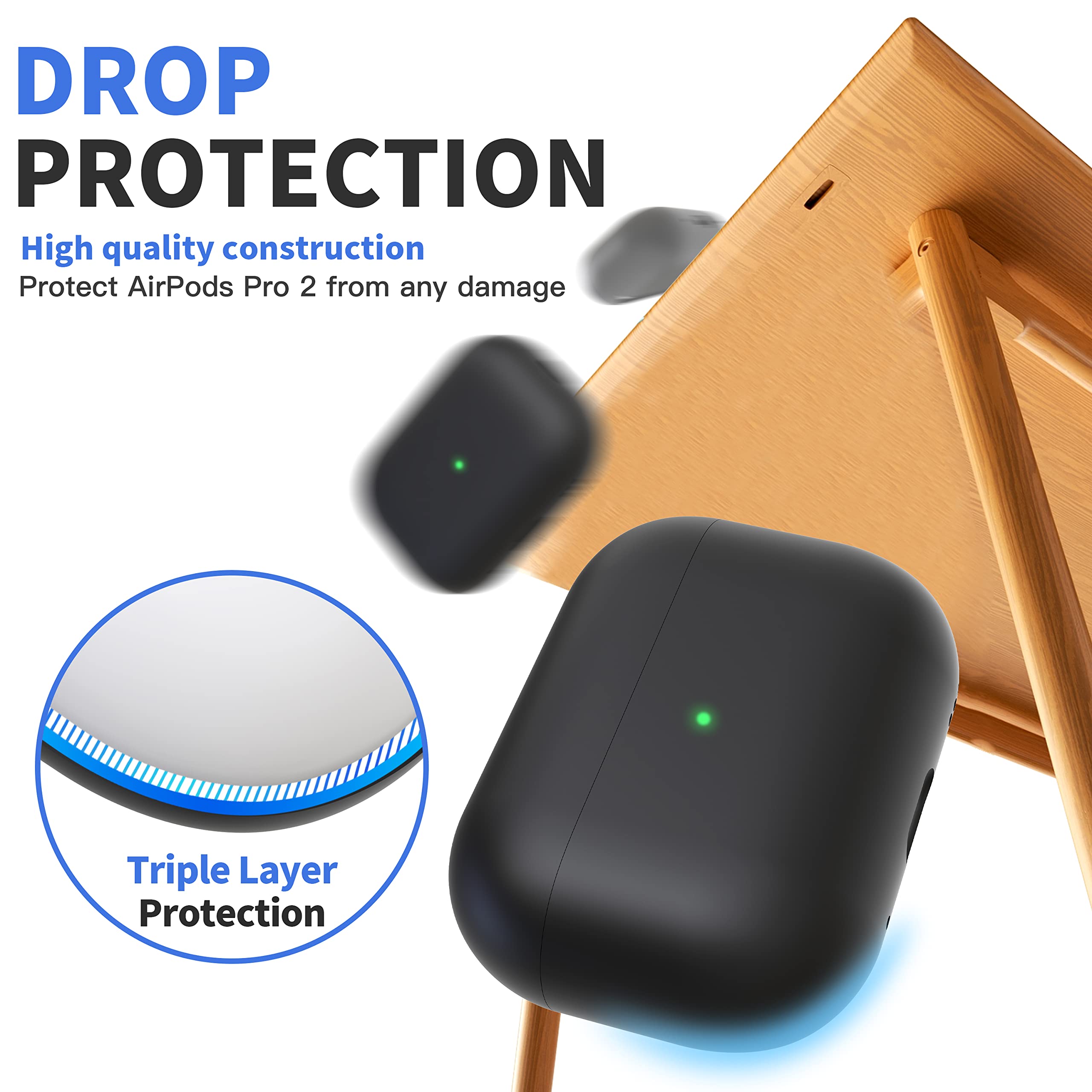 DamonLight Upgrade AirPods Pro 2 Case, Triple Layer Protective Liquid Silicone Case [2 Caps] for AirPods Pro 2nd Generation, 2022 Release Shockproof Friendly Silicone Hard Case (Black)