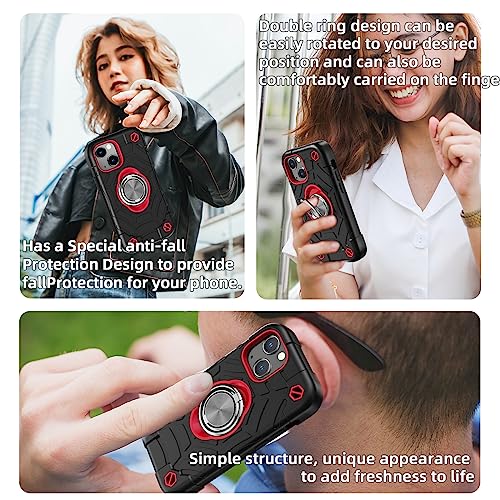 KCJ for iPhone 13 Mini case/iPhone 12 Mini case 5.4 Inch with Ring Holder, with 2 Pack Screen Protector + 1 Pack Camera Lens Protector,Heavy-Duty Military Grade Protector Cover. (Black+Red)