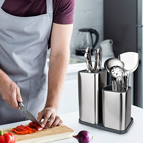 Stainless Steel Universal Knife Holder Block, Yimerlen Knife Holder Storage with Cutting Board Stand, Multifunction Knife Organizer for Kitchen Counter (with Cleaning Brush)