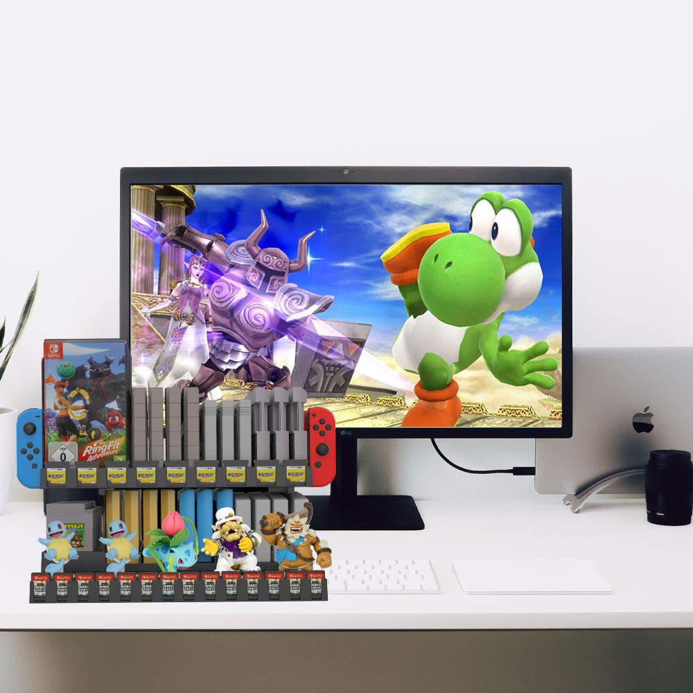 Skywin- Retro Cartridge Game Holder Compatible with Nintendo Gameboy, Video Game Storage, NES, N64, and 3DS Games, Includes Slots for Switch Tablet, Joycon Controllers, and Amiibo Display
