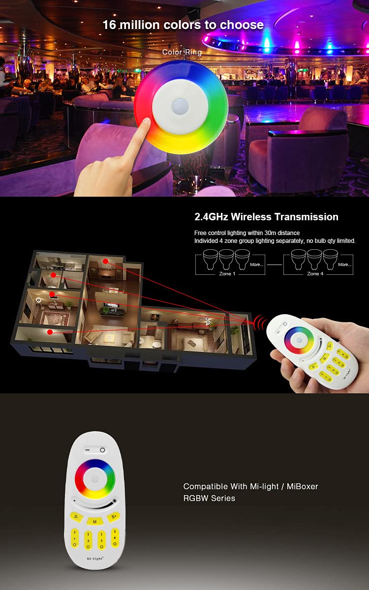 LGIDTECH FUT096 Mi.Light RGBW 4-Zone 2.4GHz RF Remote Full Touch LED Controller(Battery Excluded),Used for Miboxer RGB RGBW LED Strip Lights Controller Receiver Box FUT037 FUT038(Excluded)